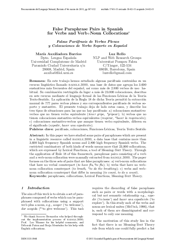(PDF) False Paraphrase Pairs in Spanish for Verbs and Verb+Noun ...