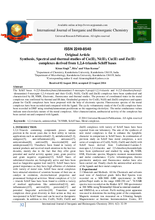 (PDF) Synthesis, Spectral and thermal studies of Co(II), Ni(II), Cu(II) and Zn(II) complexes ...