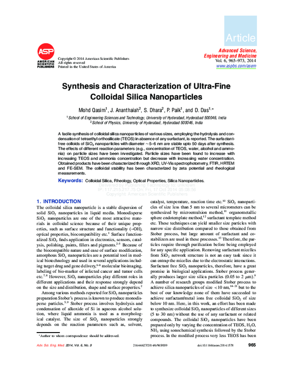 (PDF) Synthesis and Characterization of Ultra-Fine Colloidal Silica ...