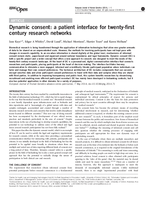 (PDF) Dynamic consent: a patient interface for twenty-first century ...