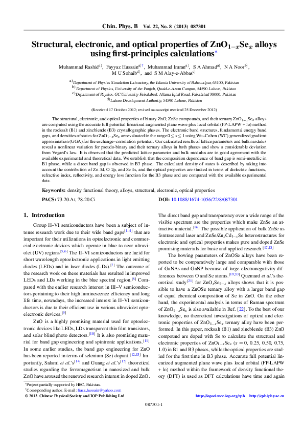 Pdf Structural Electronic And Optical Properties Of Zno1 Xsex