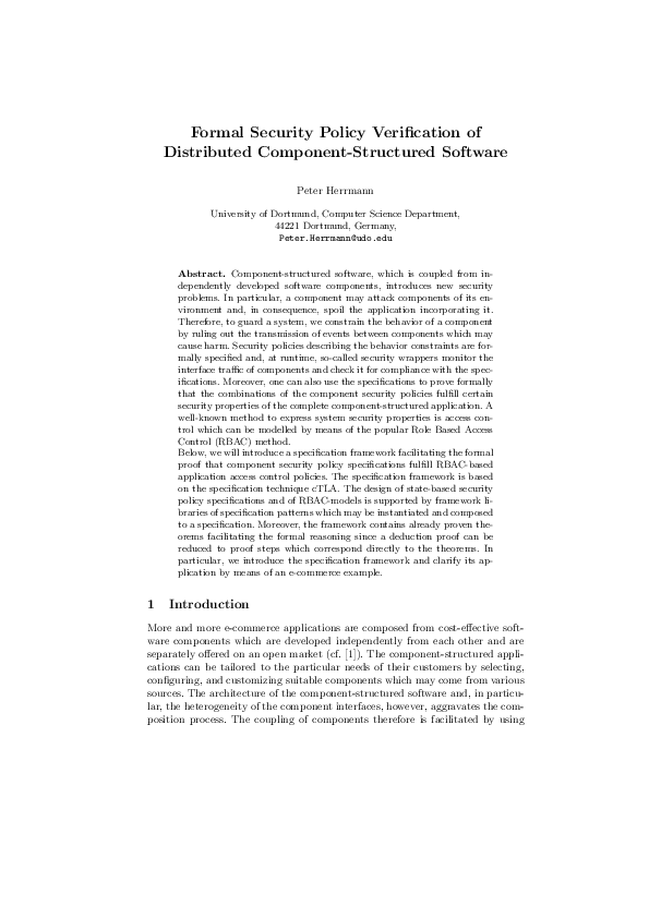 Formal Security Policy Verification of Distributed Component-Structured Software