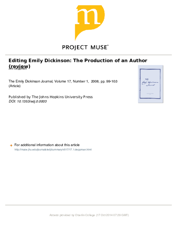 (PDF) Editing Emily Dickinson: The Production of an Author (review)