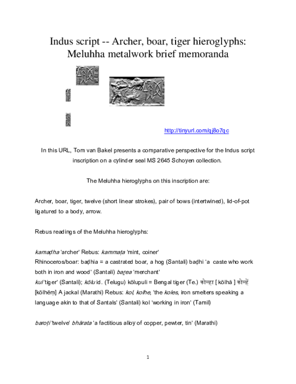 (PDF) Indus script -- Archer, boar, tiger hieroglyphs: Meluhha ...