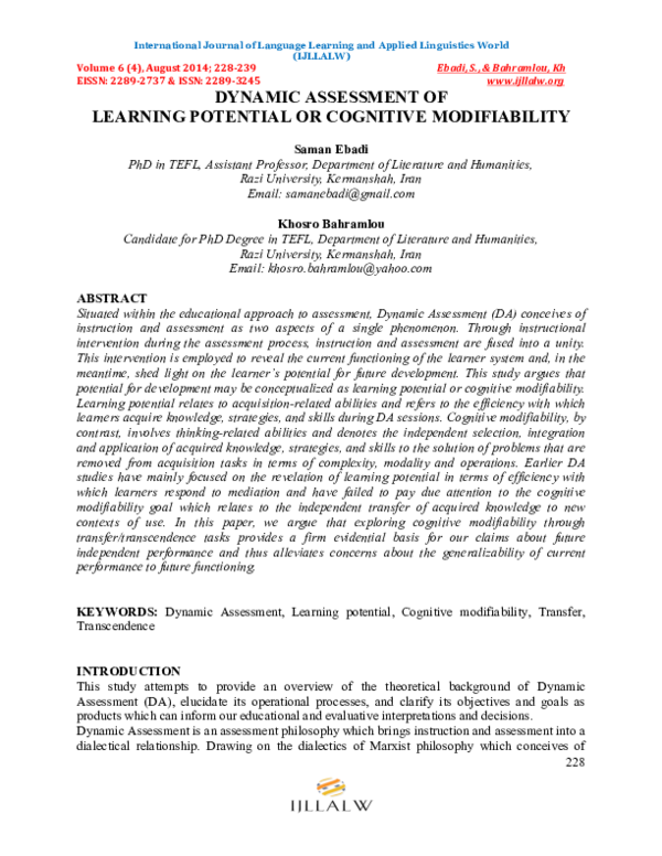 (PDF) DYNAMIC ASSESSMENT OF LEARNING POTENTIAL OR COGNITIVE MODIFIABILITY