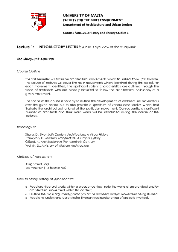 (PDF) Lecture 1: INTRODUCTORY LECTURE