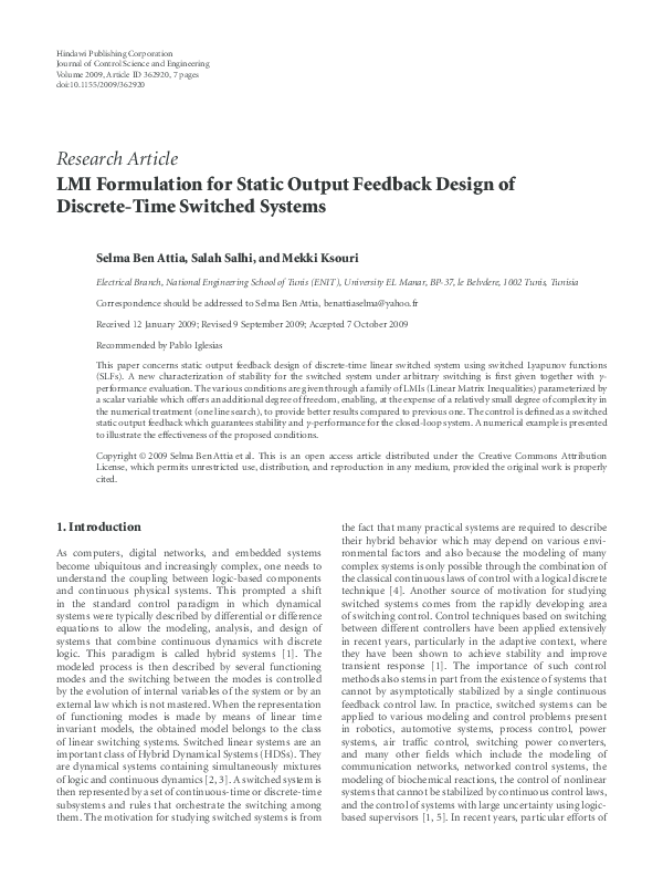 (PDF) LMI Formulation for Static Output Feedback Design of Discrete-Time Switched Systems ...