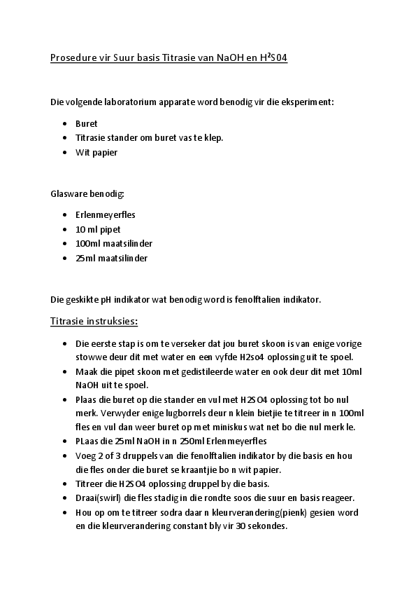 (DOC) Prosedure vir Suur basis Titrasie van Na OH en H