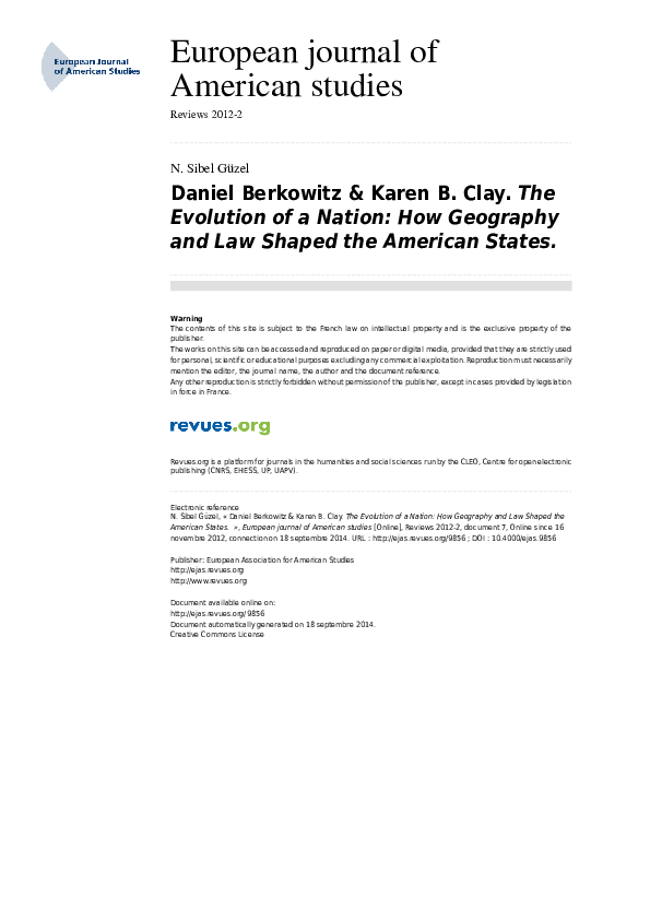 (PDF) Daniel Berkowitz & Karen B. Clay. The Evolution of a Nation: How ...