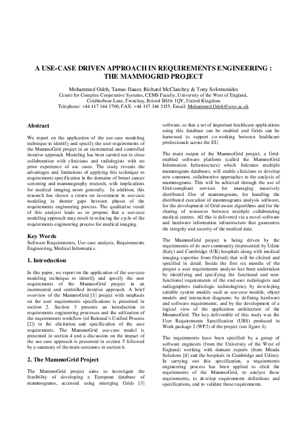 (PDF) A Use-Case Driven Approach in Requirements Engineering : The Mammogrid Project | Richard ...