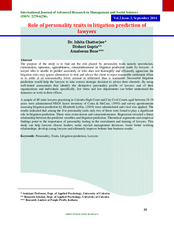 (PDF) Role of personality traits in litigation prediction of lawyers