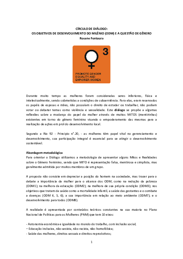 (PDF) Círculo de Diálogo - Valorização da Mulher e Equidade de Gênero- ODM3
