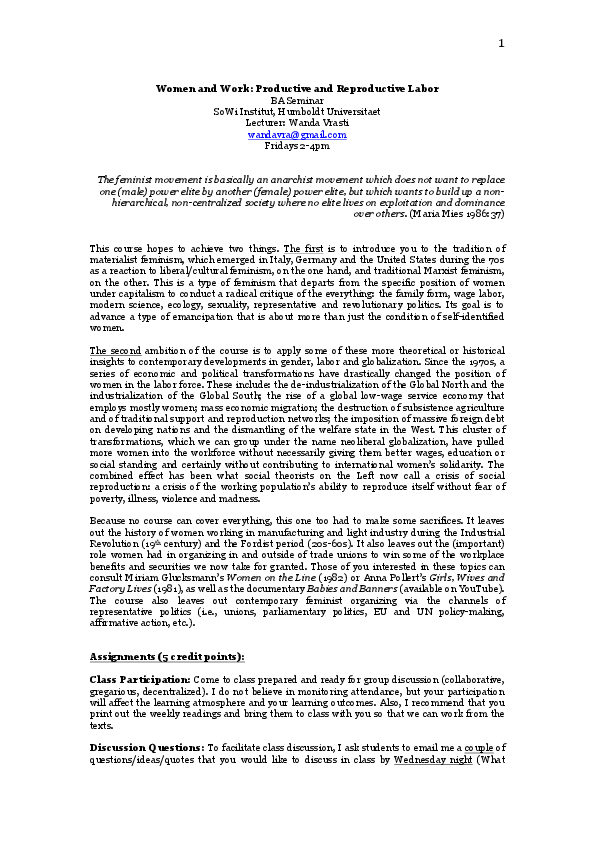 (PDF) Course Outline: Women and Work: Productive and Reproductive Labor ...