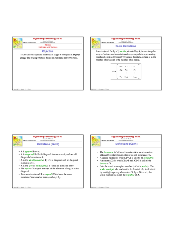 Pdf Review Matrices And Vectors Review Matrices And Vectors Gonzalez And Woods Matrices And