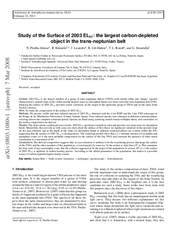 (PDF) Study of the Surface of 2003 EL61: the largest carbon-depleted ...