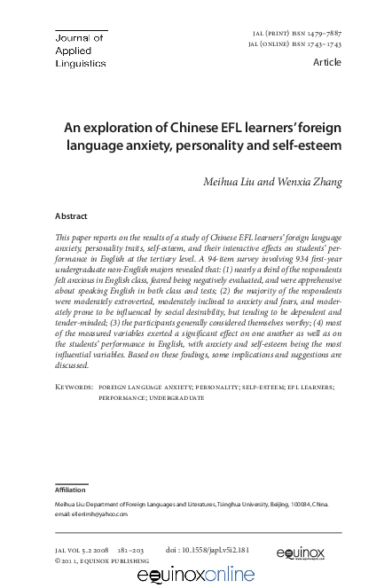 Pdf An Exploration Of Chinese Efl Learners Foreign Language Anxiety Personality And Self Esteem