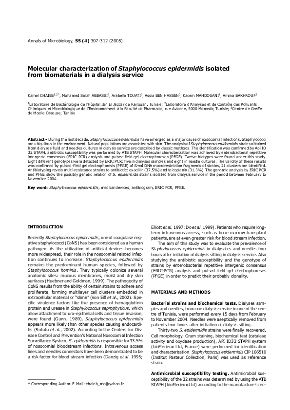 Pdf Molecular Characterization Of Staphylococcus Epidermidis Isolated From Biomaterials In A