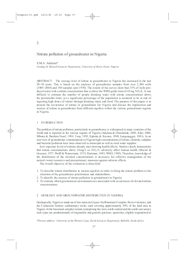 Pdf Nitrate Pollution Of Groundwater In Nigeria