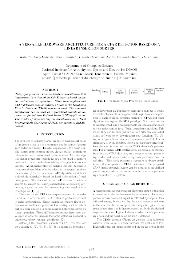 (PDF) A versatile hardware architecture for a CFAR detector based on a ...