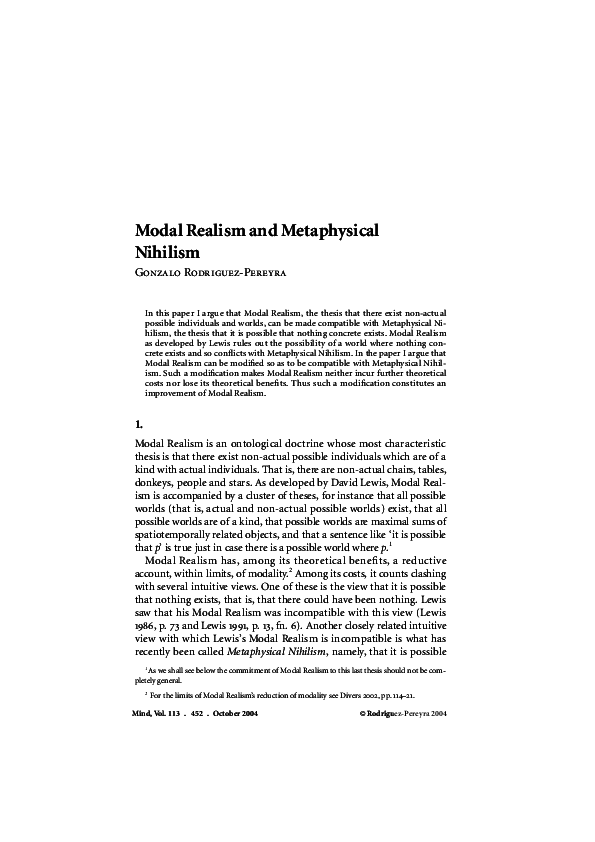 (PDF) Modal Realism and Metaphysical Nihilism