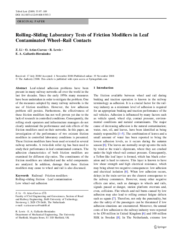 (PDF) Rolling–Sliding Laboratory Tests of Friction Modifiers in Leaf ...