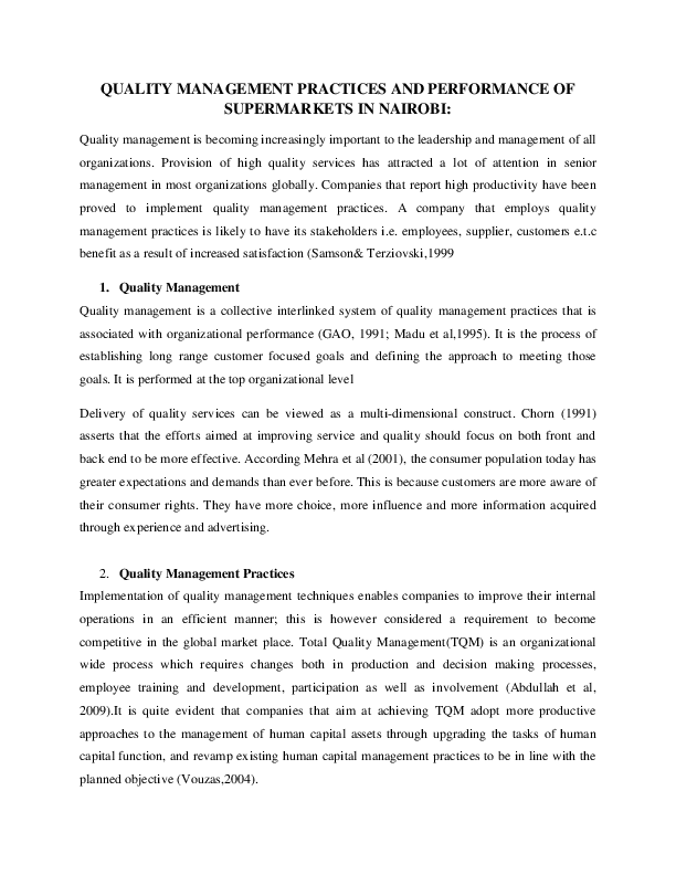 (DOC) QUALITY MANAGEMENT PRACTICES AND PERFORMANCE OF SUPERMARKETS IN ...