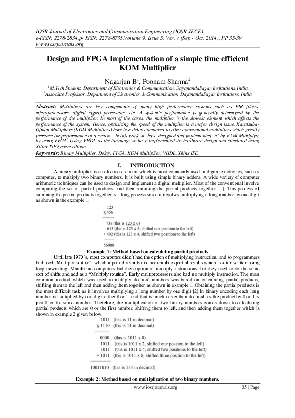 Design And Fpga Implementation Of A Simple Time Efficient Kom Multiplier