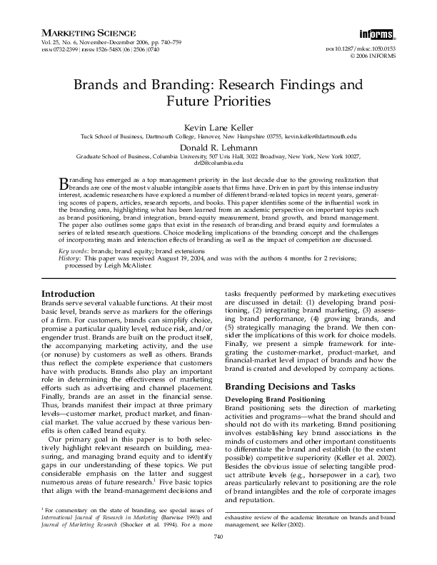 (PDF) Brands and branding: Research findings and future priorities