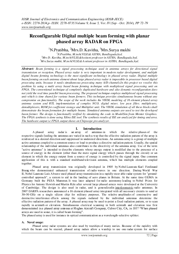 Pdf Reconfigurable Digital Multiple Beam Forming With Planar Phased Array Radar On Fpga