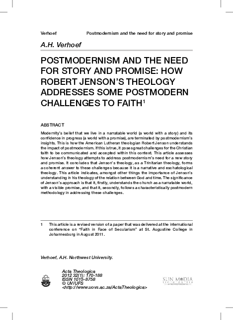 (PDF) Postmodernism and the need for story and promise: How Robert ...