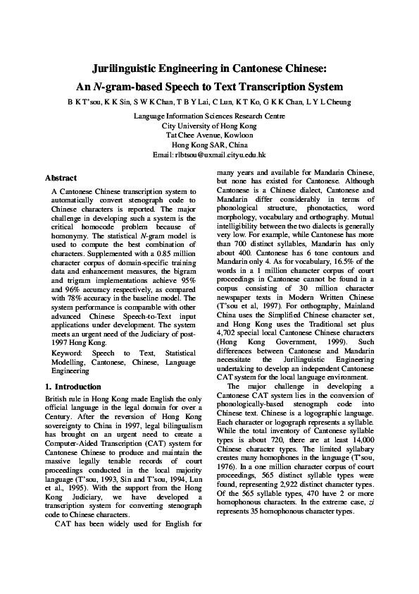 (PDF) Jurilinguistic Engineering in Cantonese Chinese: An N-gram-based Speech to Text ...