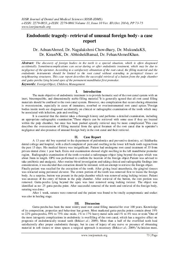 (PDF) Endodontic tragedy- retrieval of unusual foreign body- a case report