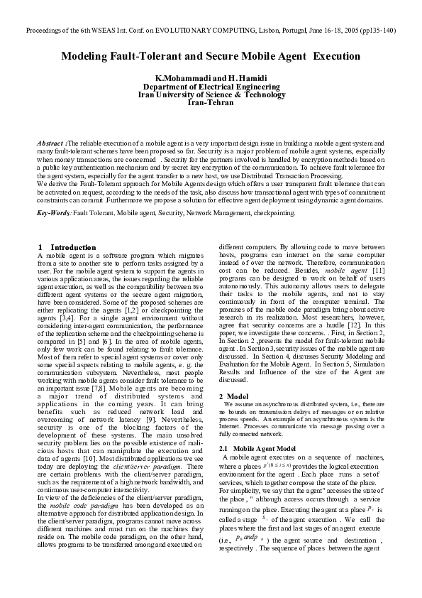 Pdf Modeling Fault Tolerant And Secure Mobile Agent Execution Hamid Hamidi