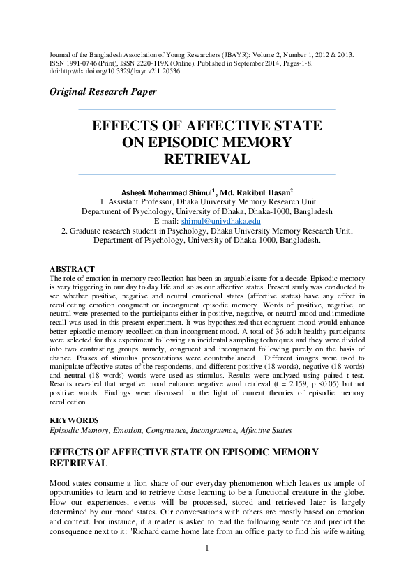 (PDF) EFFECTS OF AFFECTIVE STATE ON EPISODIC MEMORY RETRIEVAL