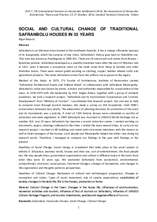 (PDF) N. Bayazit, (2014). SOCIAL AND CULTURAL CHANGE OF TRADITIONAL SAFRANBOLU HOUSES IN 35 YEARS