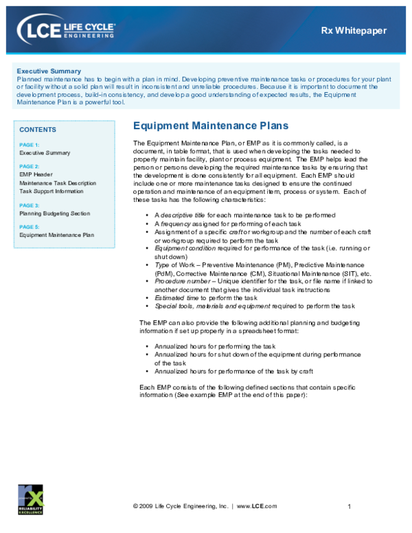 (PDF) Equipment Maintenance Plans