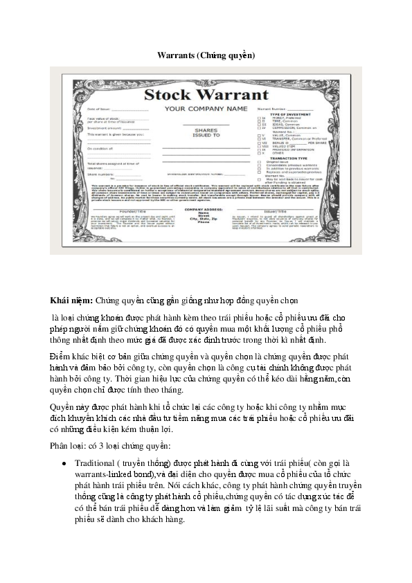 (DOC) Warrants (Ch ng quy n) Phân lo i: có 3 lo i ch ng quy n