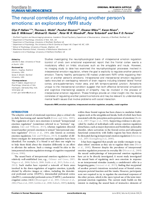 (PDF) Neural Correlates of Interpersonal Emotion Regulation in fMRI