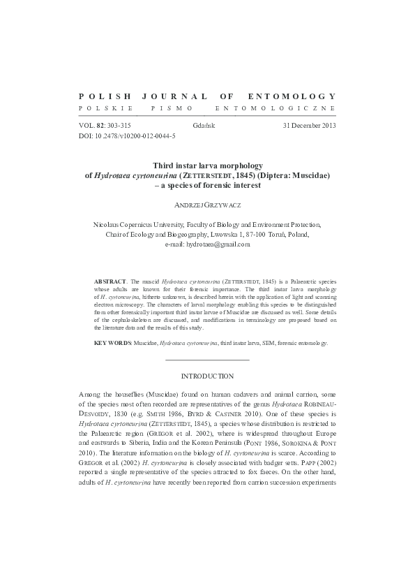 (PDF) Third instar larva morphology of Hydrotaea cyrtoneurina ...