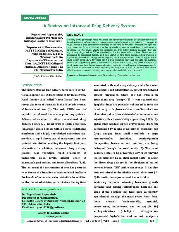 (PDF) A Review on Intranasal Drug Delivery System