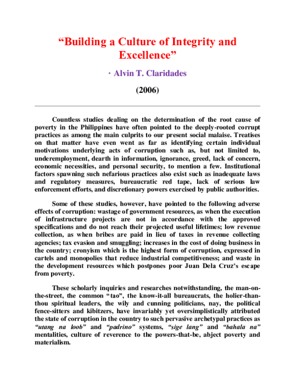 (PDF) Building a Culture of Integrity and Excellence