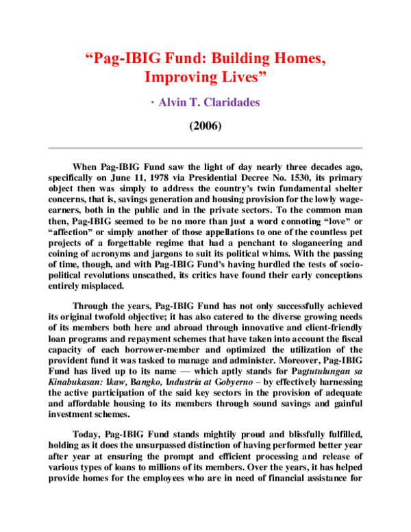 (PDF) Pag-IBIG Fund: Building Homes, Improving Lives