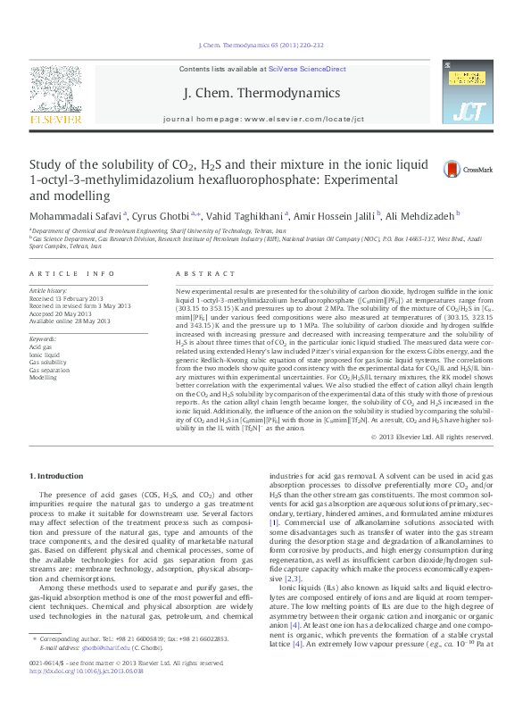 (PDF) Study of the solubility of CO2, H2S and their mixture in the ionic liquid 1-octyl-3 ...