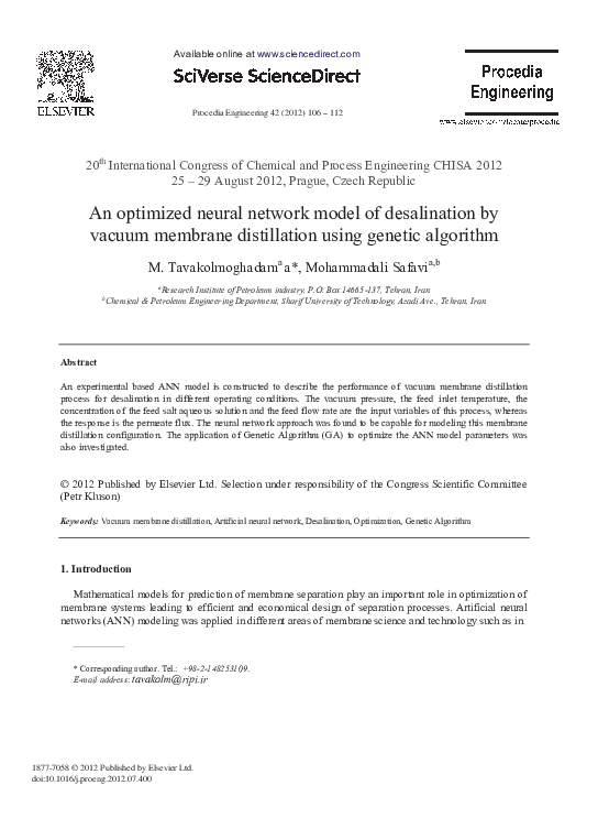 (PDF) An optimized neural network model of desalination by vacuum membrane distillation using ...