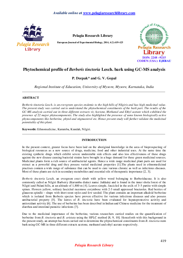 (PDF) Phytochemical profiling of Berberis tinctoria Lesch. bark using GC-MS analysis