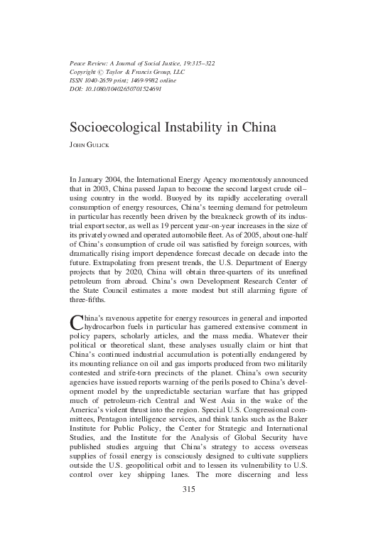 Socio-Ecological Instability in China