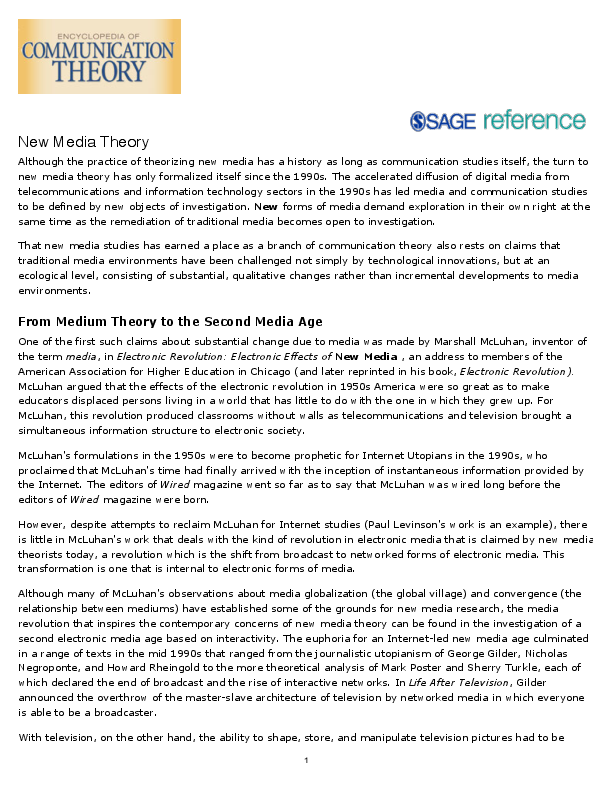 (PDF) New Media Theory From Medium Theory to the Second Media Age