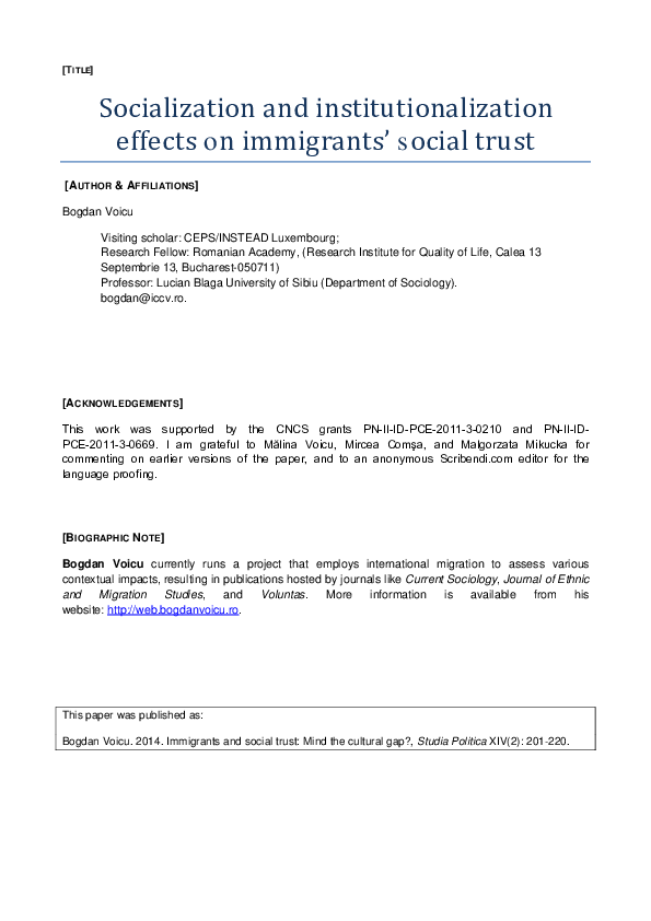 Bogdan Voicu. 2014. Immigrants and social trust: Mind the cultural gap ...