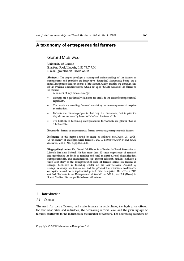 (PDF) A Taxonomy of Entrepreneurial Farmers | GERARD McElwee - Academia.edu