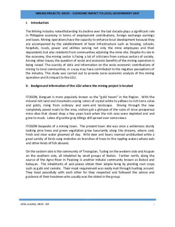 Mining Projects: Socio - Economic Impact to Local Government Units